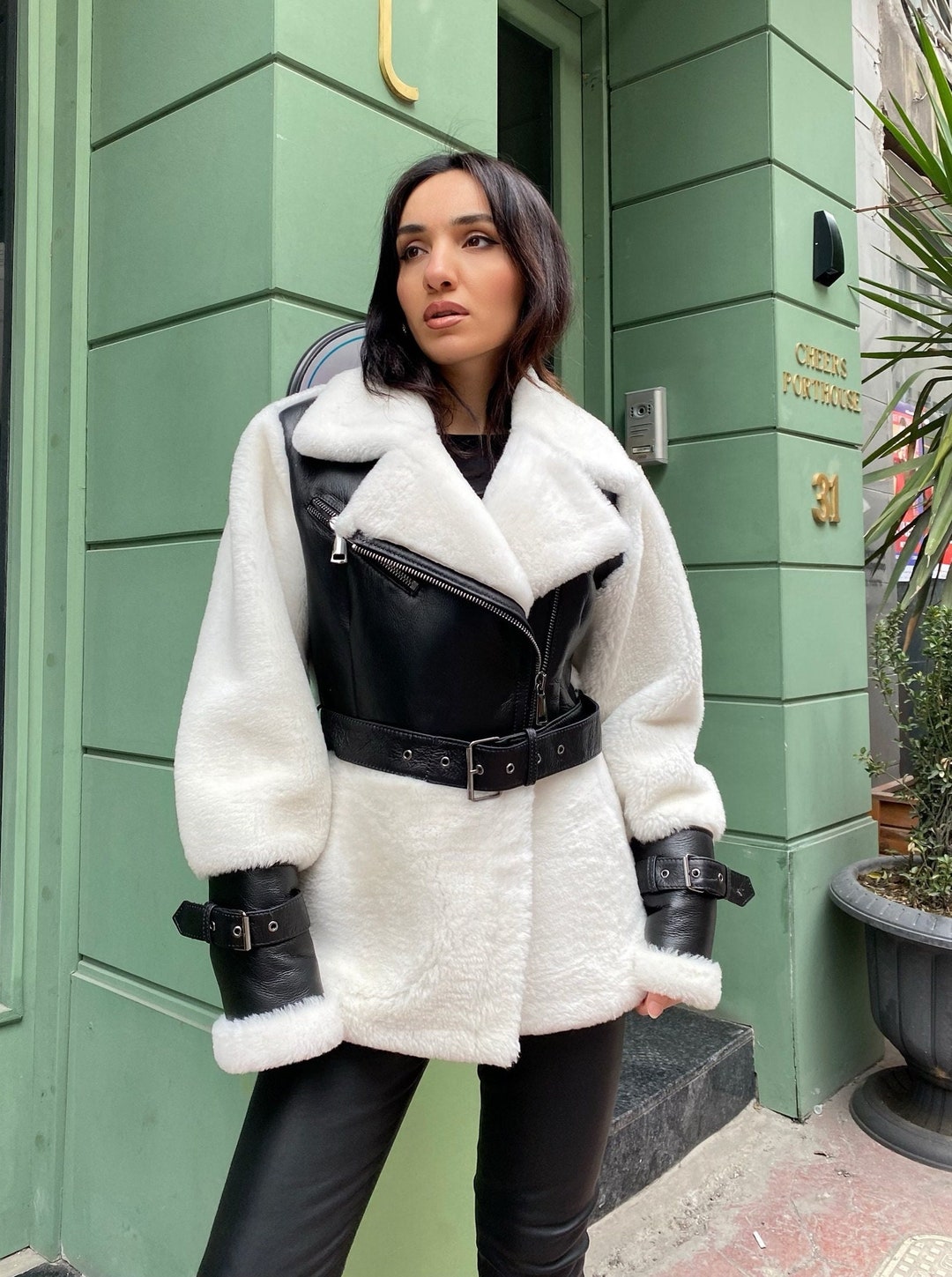 Lambskin Jacket Black White Women's Lambskin Leather Fur aviator Jacket ...