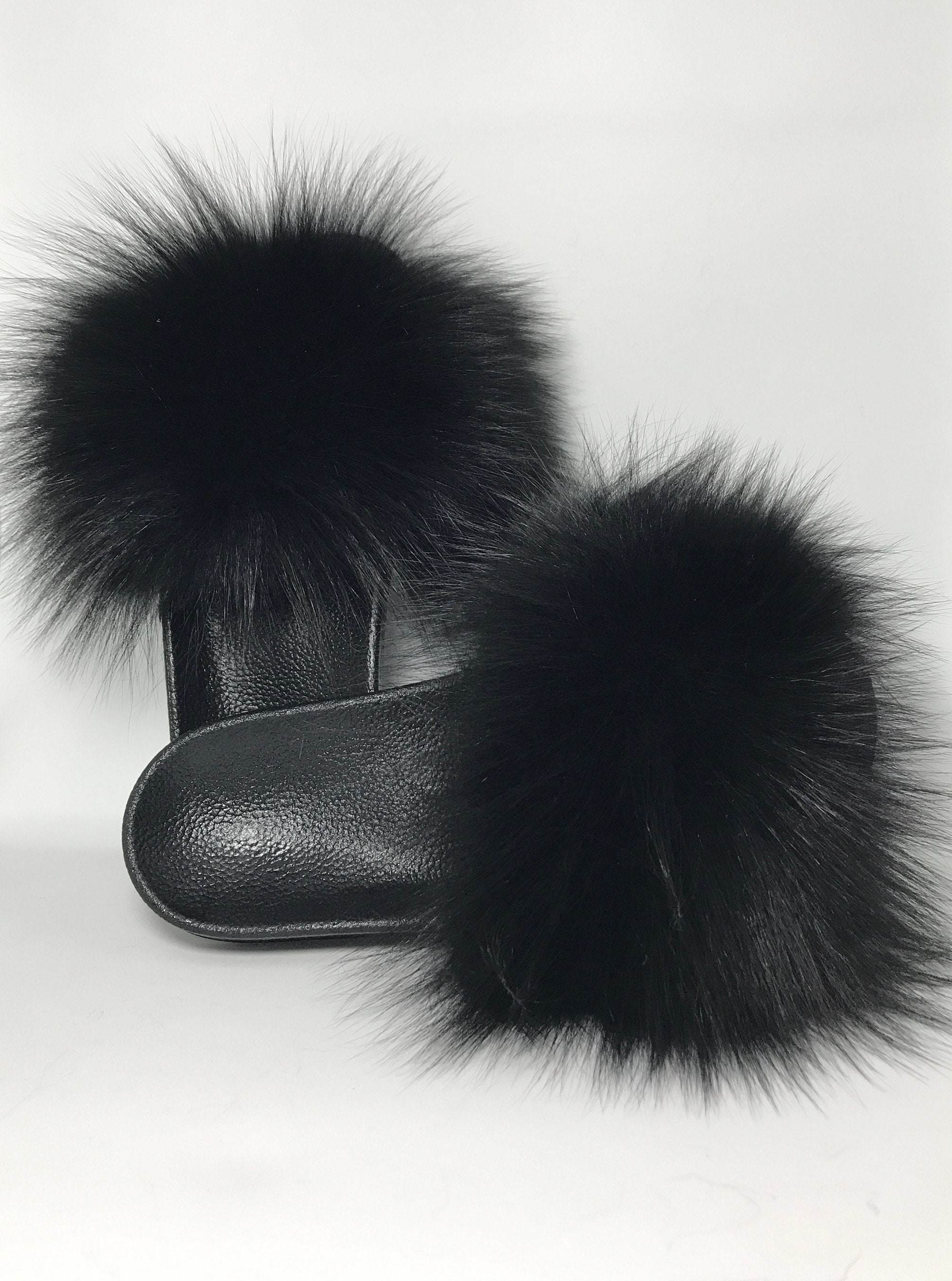 Black Fur Slides Fur Slides for Women Fox Fur Slides.real - Etsy