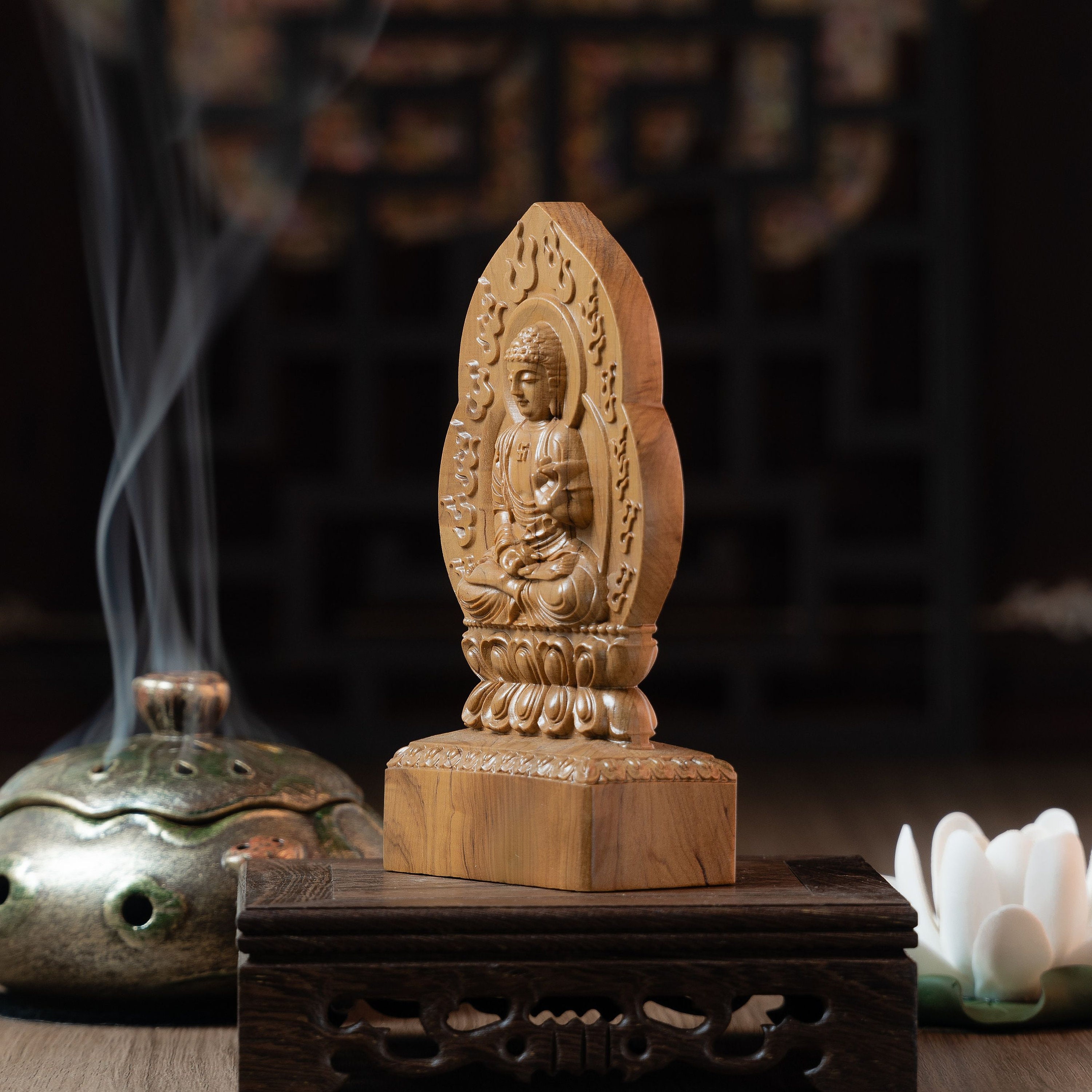 Double-sided Amitabha Buddha Statue, Wooden Buddha Statue 6 High ...