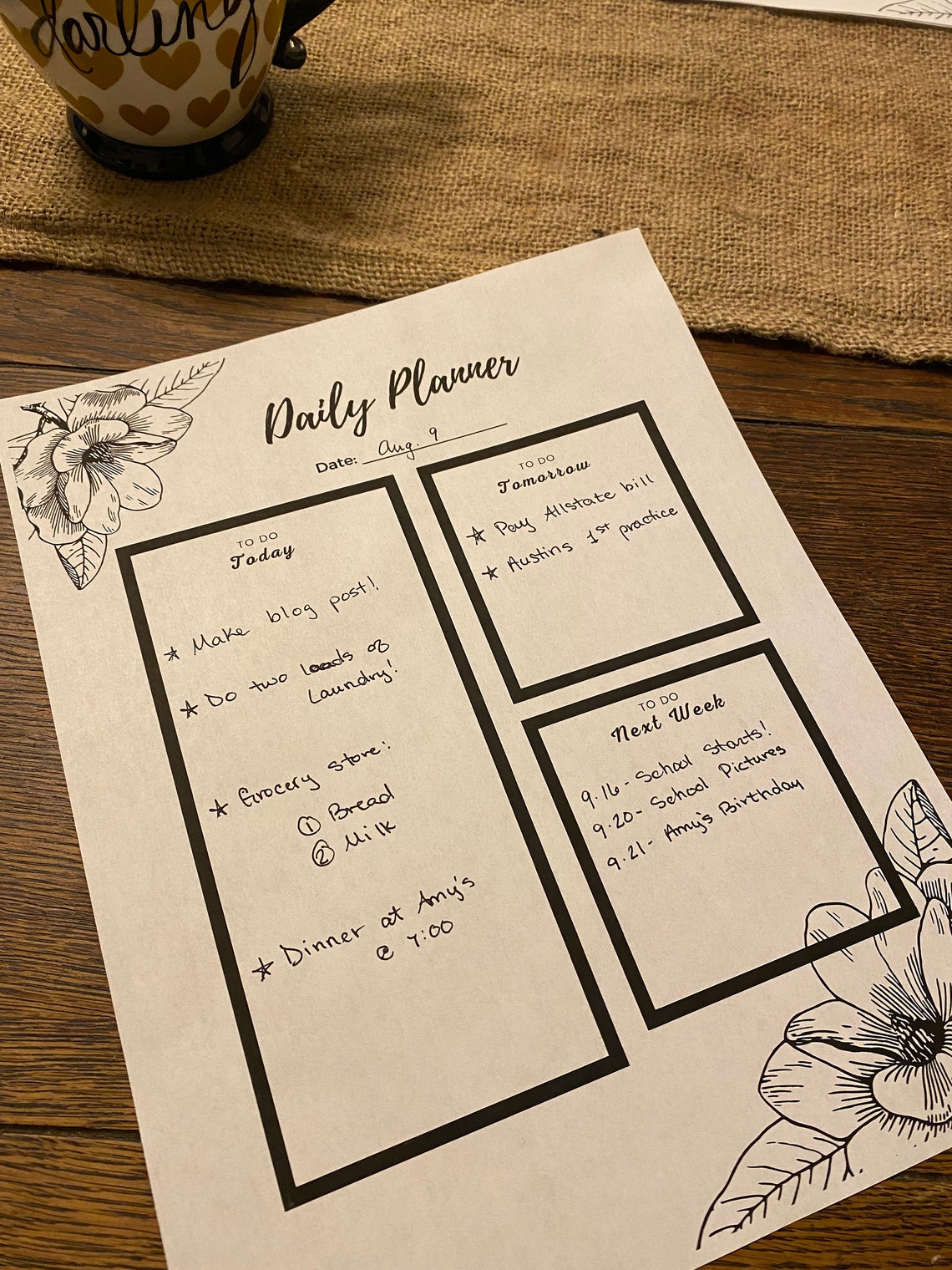 Daily Planner Page (black and White Floral)(8.5x11) - Etsy