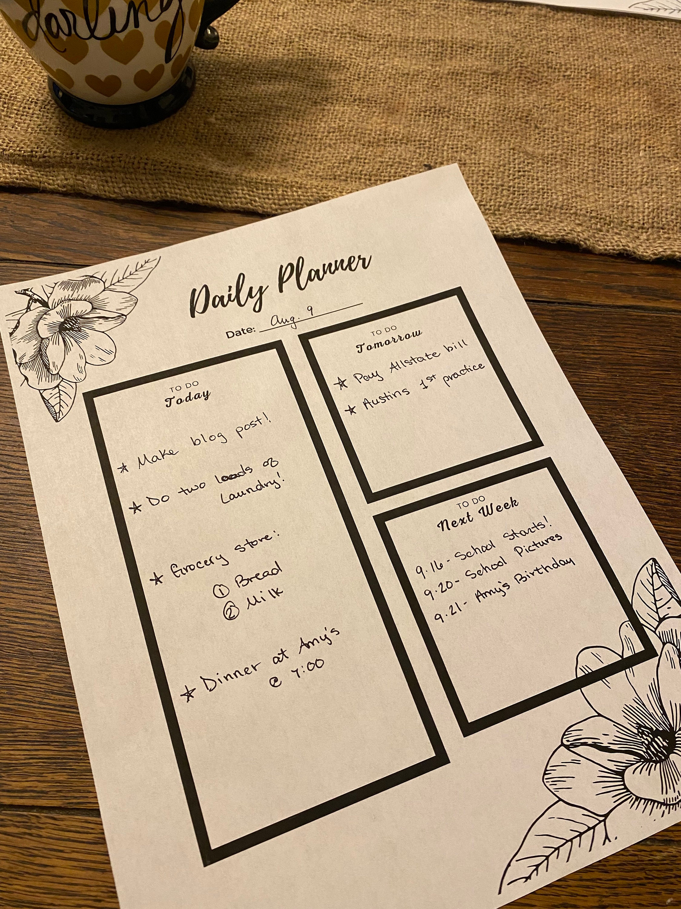 Daily Planner Page (black and White Floral)(8.5x11) - Etsy