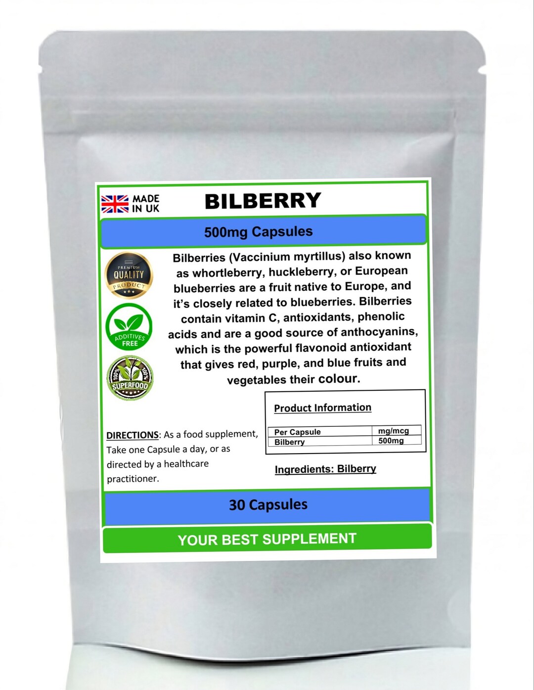 Bilberry Capsules 500mg 100% Natural Premium Quality (High Strength ...