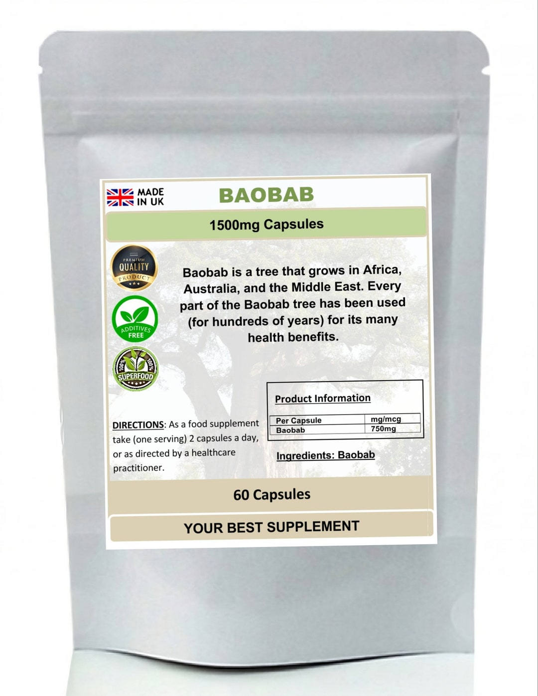 Baobab Capsules 1500mg 100% Pure Superfood, pure No Additives High ...