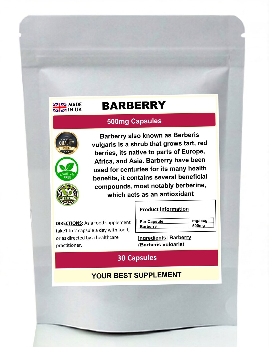 Barberry Capsules 500mg 100% Pure No Additives (berberis Vulgaris ...