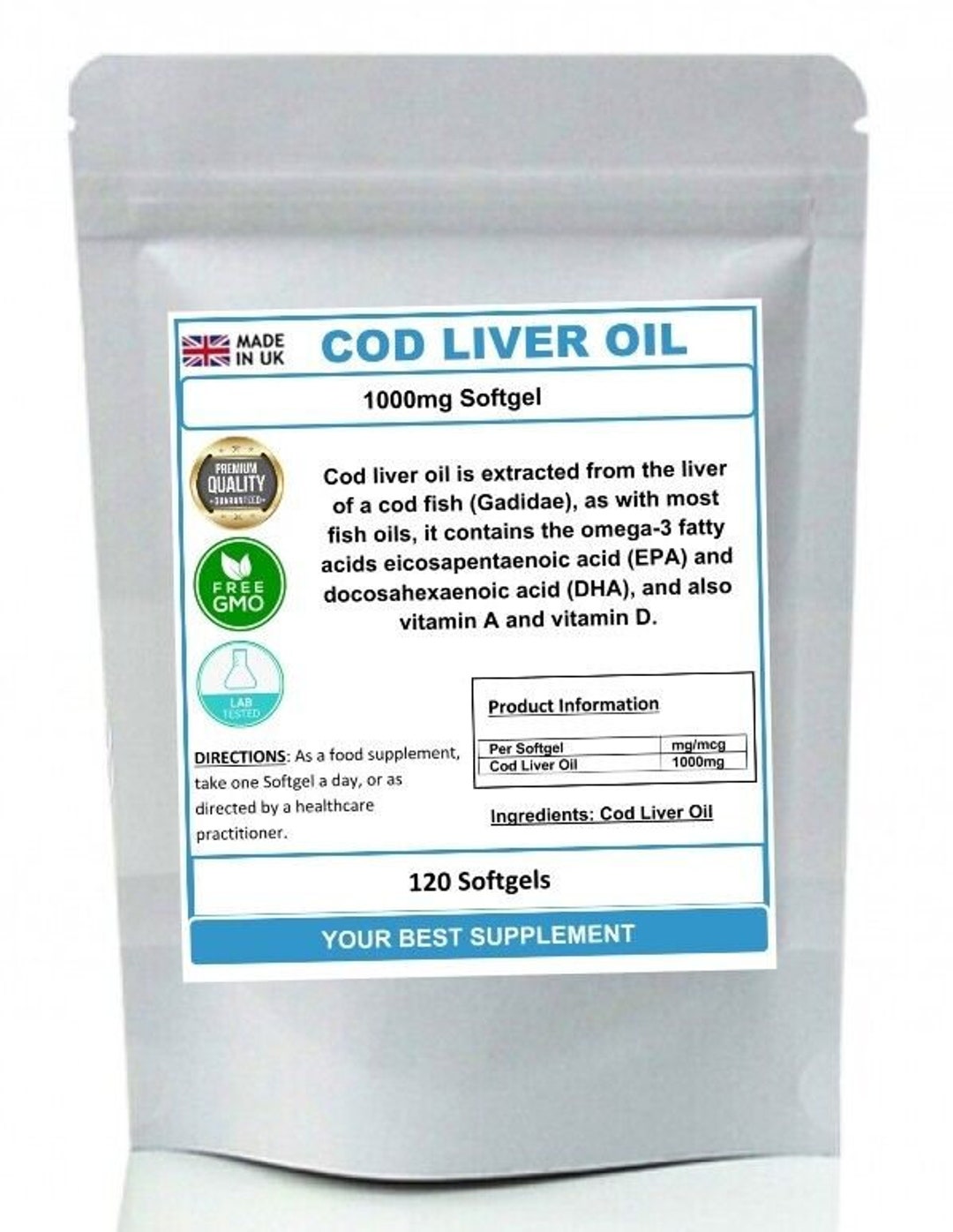 Cod Liver Oil 1000mg Softgel Capsules ( High Strength Supplement) Omega ...