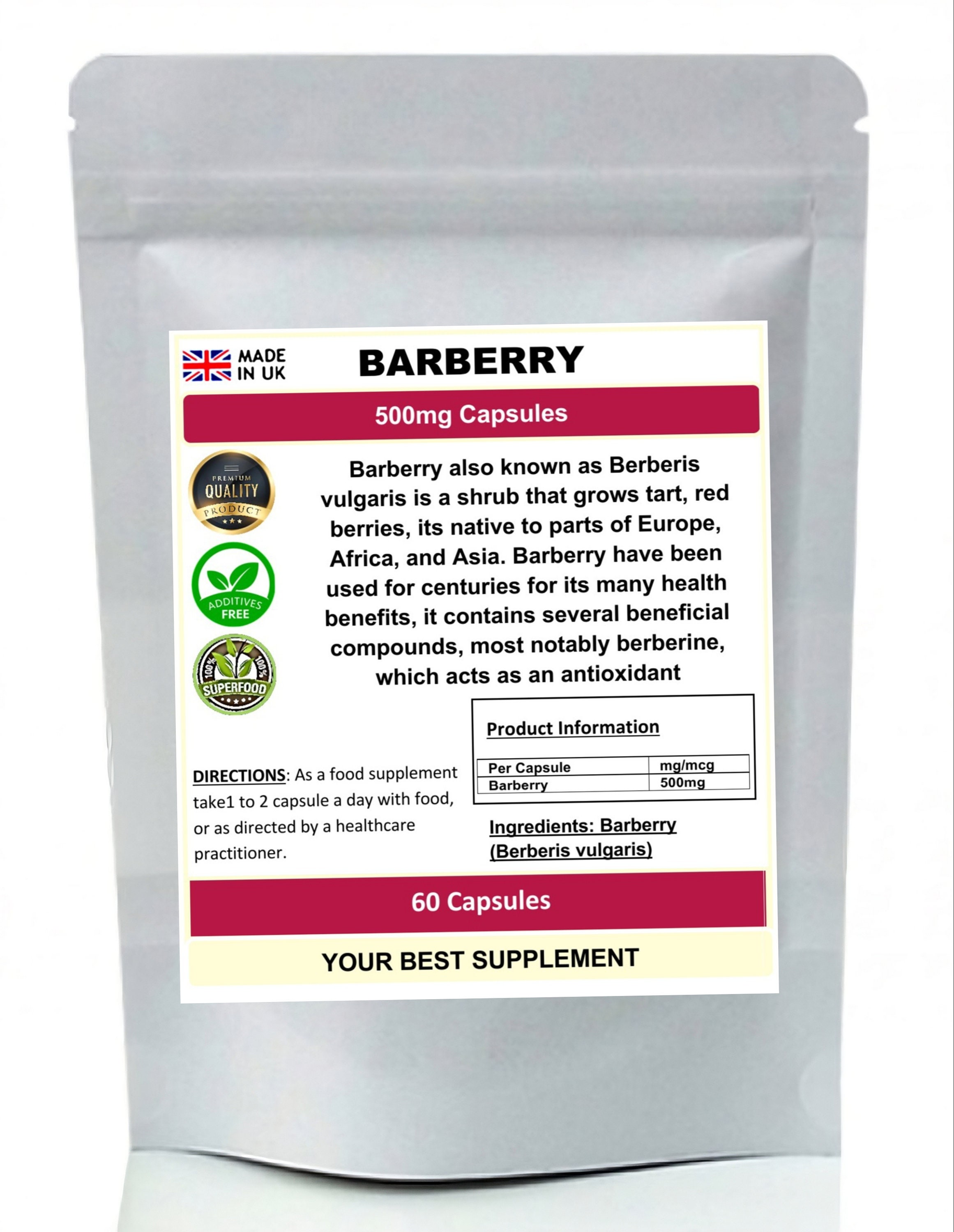 Barberry Capsules 500mg 100% Pure No Additives (berberis Vulgaris ...