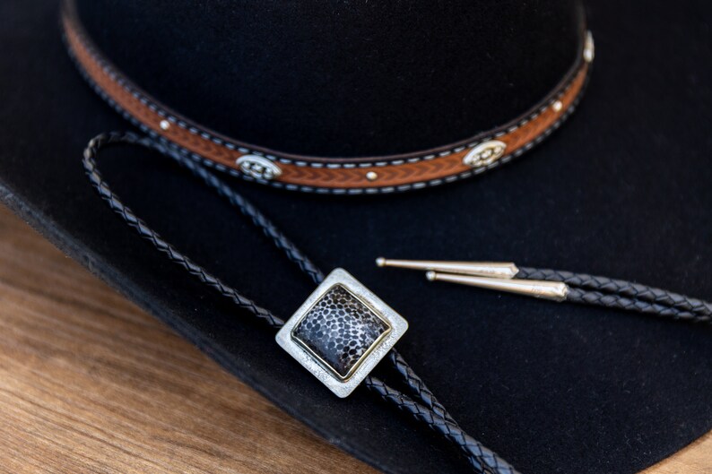 Black Bolo Tie With Fossilized Stingray Coral and Black Leather Cord - Etsy