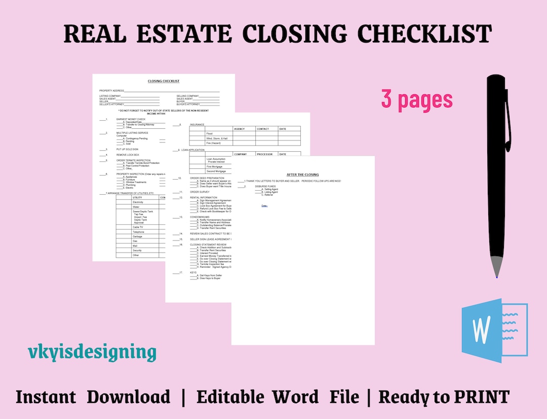 Real Estate Closing Checklist, Closing Close Charts, Home Buyer Guide ...