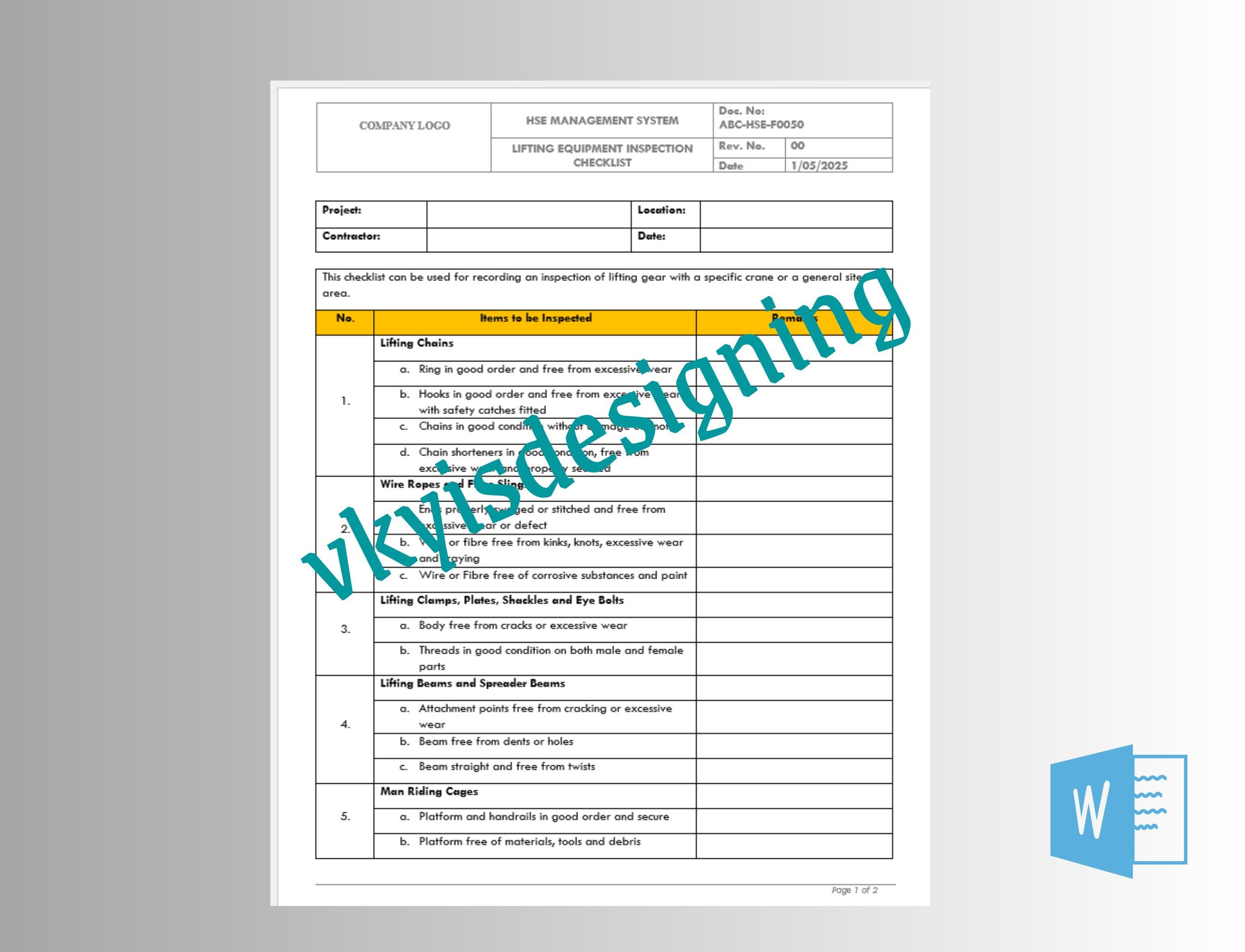Lifting Equipment Inspection Checklist (word File) - Etsy