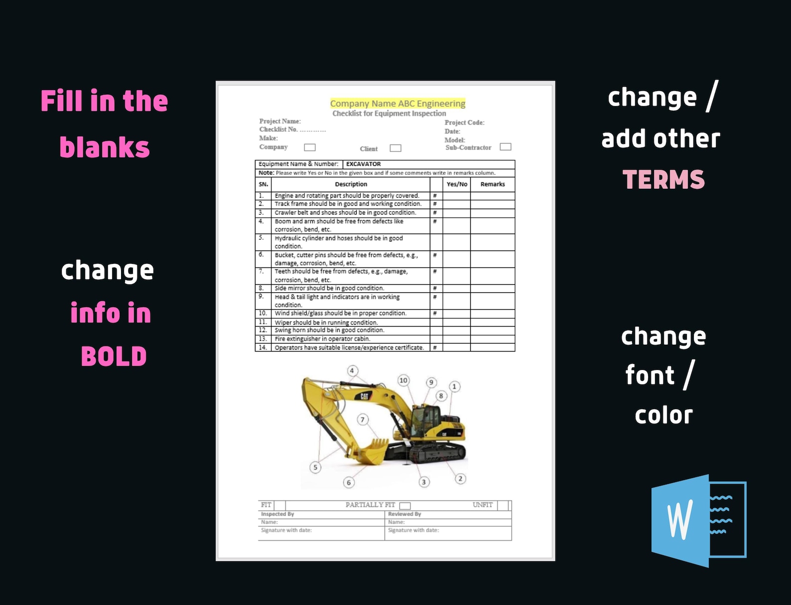 Excavator Inspection Checklist, Safety Inspection, Machine Inspection ...