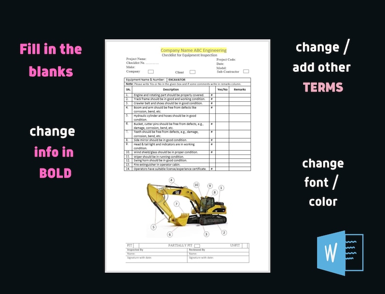 Excavator Inspection Checklist: Safety & Maintenance (MS Word) - Etsy