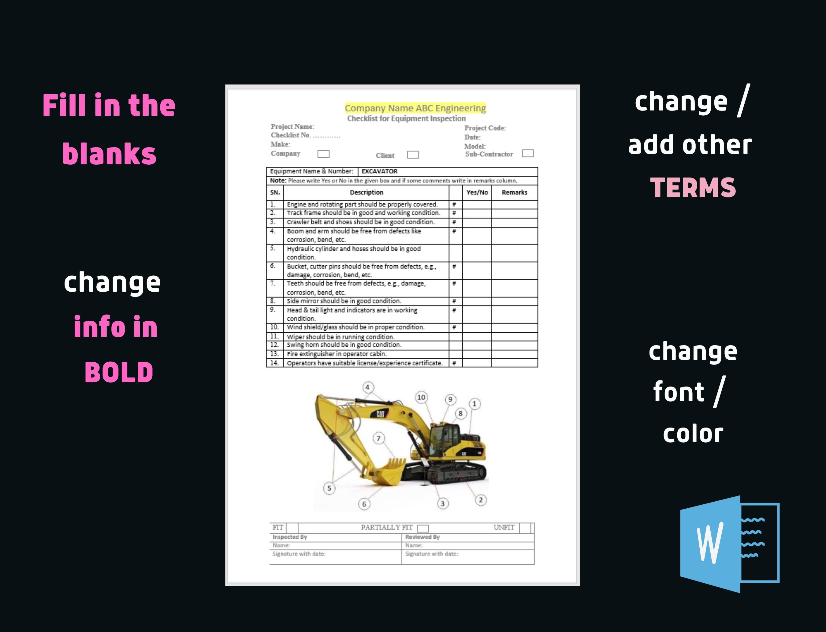 Excavator Inspection Checklist: Safety & Maintenance (MS Word) - Etsy