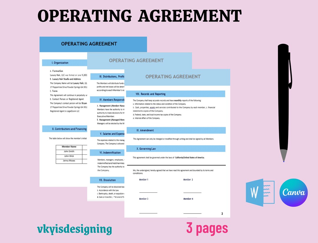 Operating Agreement, LLC Agreement, Operation Contract Business ...