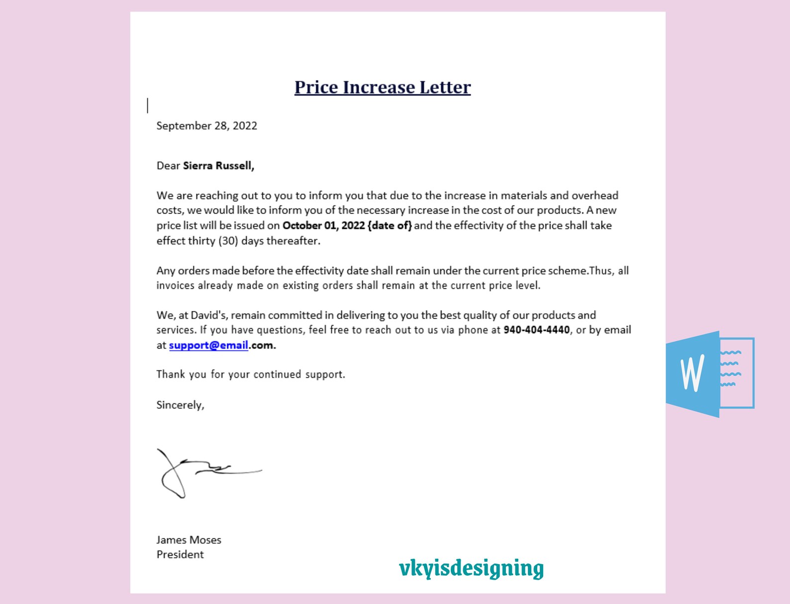 Price Increase Letter * Business Letter - Price Increase Memo * Service ...