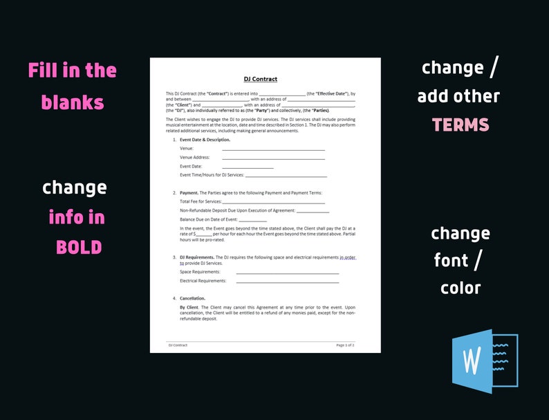 Editable DJ Contract Template: Wedding, Birthday, Party (editable Word ...