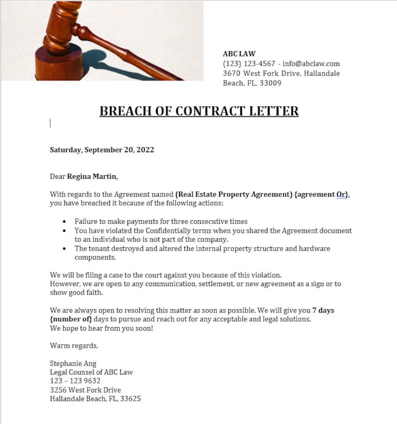 Breach of Contract Letter Template: Legal Notice (editable Word) - Etsy