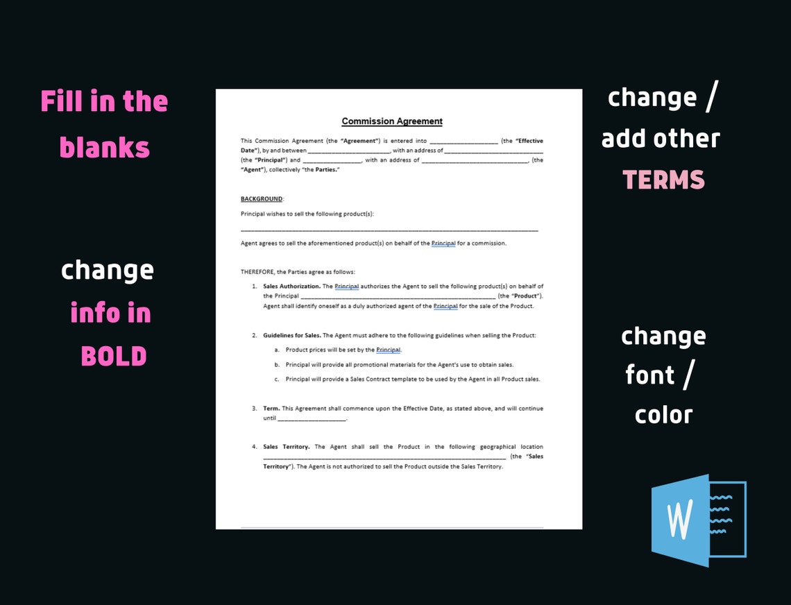Easy to Edit Commission Agreement, Sales Agreement, Commission Employee ...