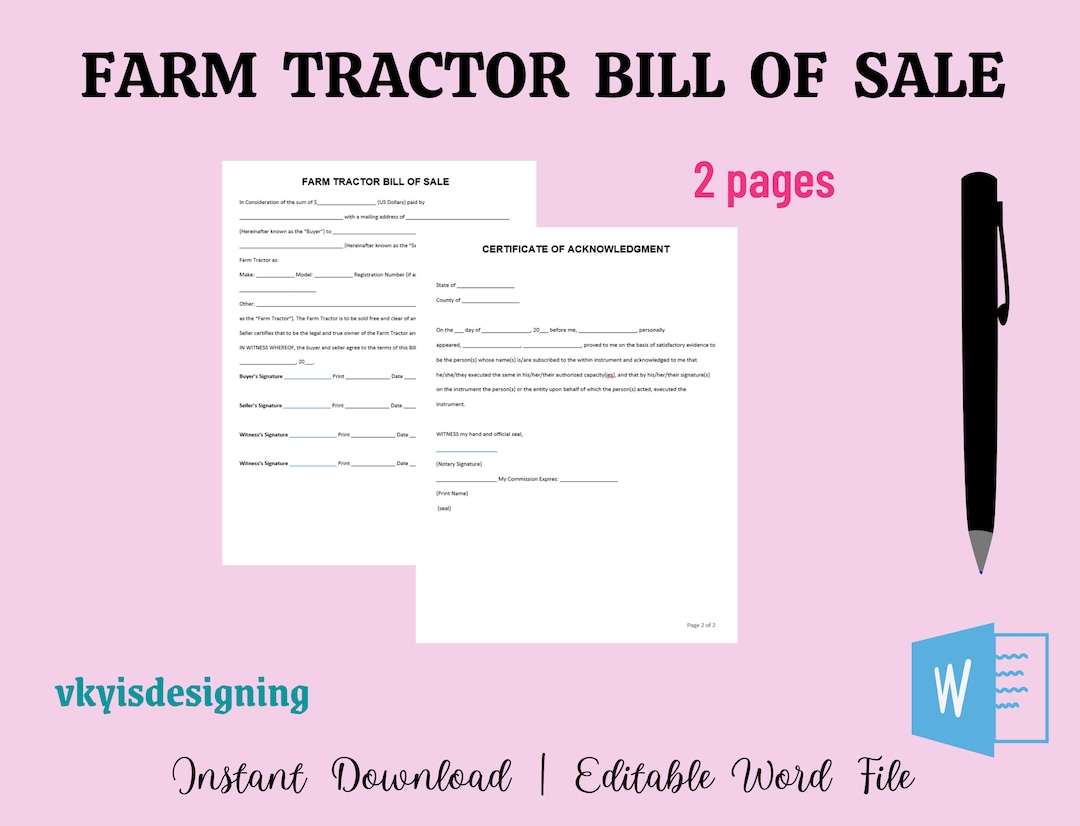 Farm Tractor Bill of Sale, Tractor Transfer, Ownership Transfer, Buyer ...