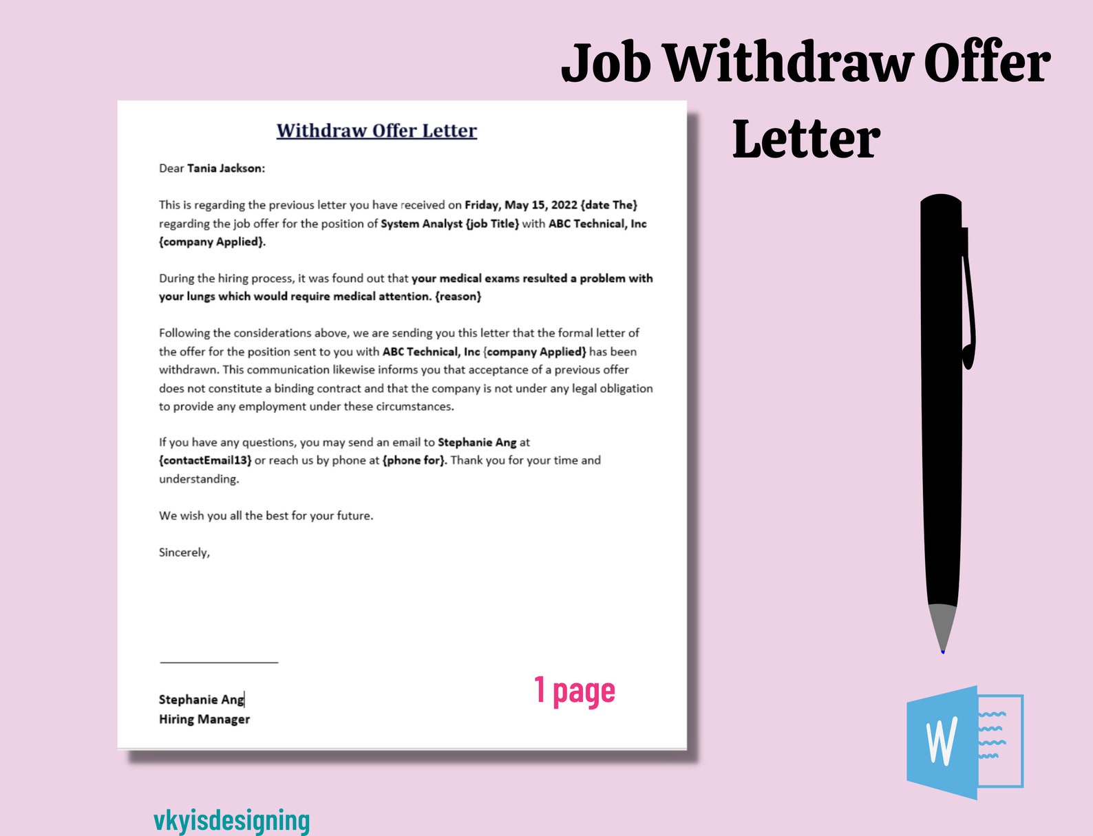 Withdraw Offer Letter, Withdraw Job Offer, Formal Letter, HR Letter ...
