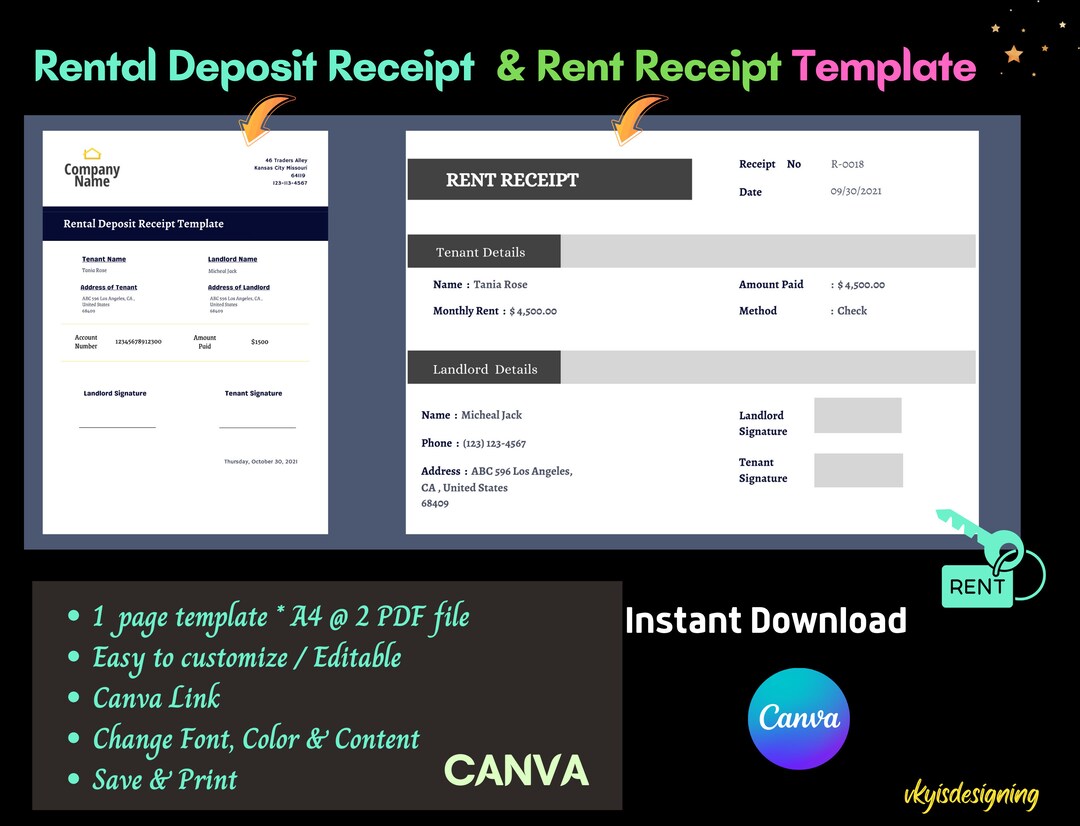 Rental Deposit & Rent Receipt Template: Landlord Forms (canva Editable ...