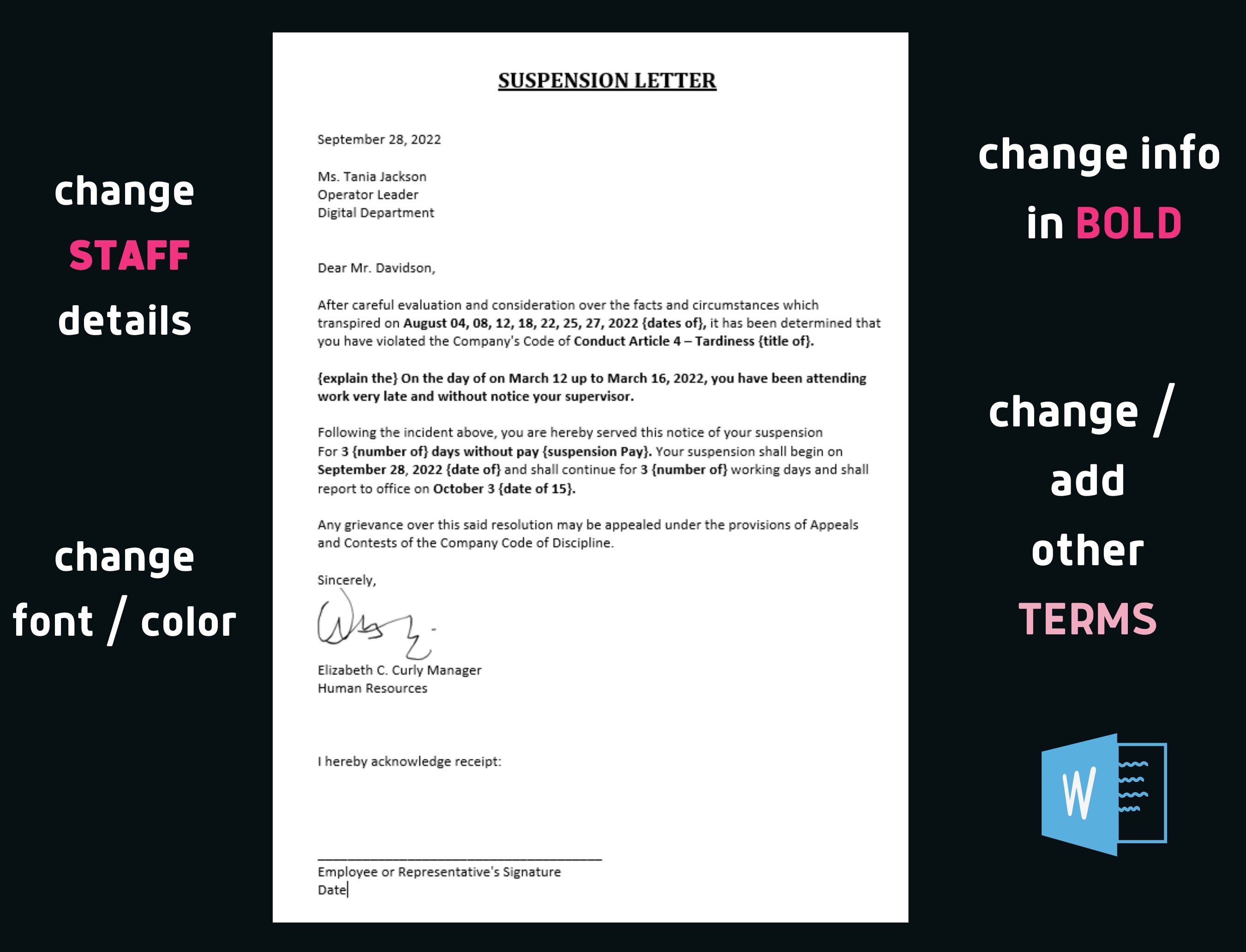 Employee Suspension Letter Template (WORD) - Etsy