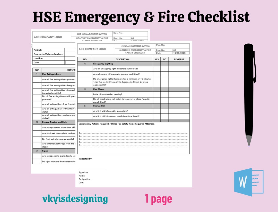 Emergency & Fire Safety Checklist: Monthly Risk Assessment (word) - Etsy