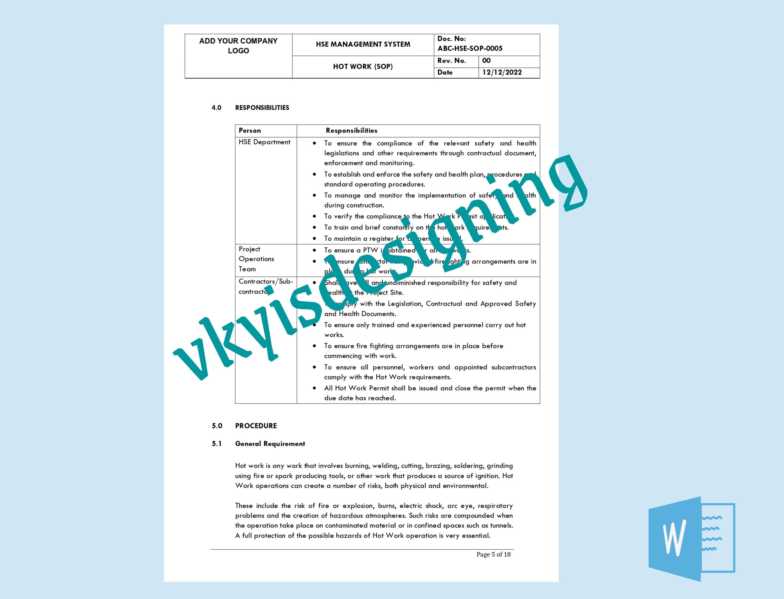 Hot Work SOP Template: Construction Safety, Permit to Work (editable ...