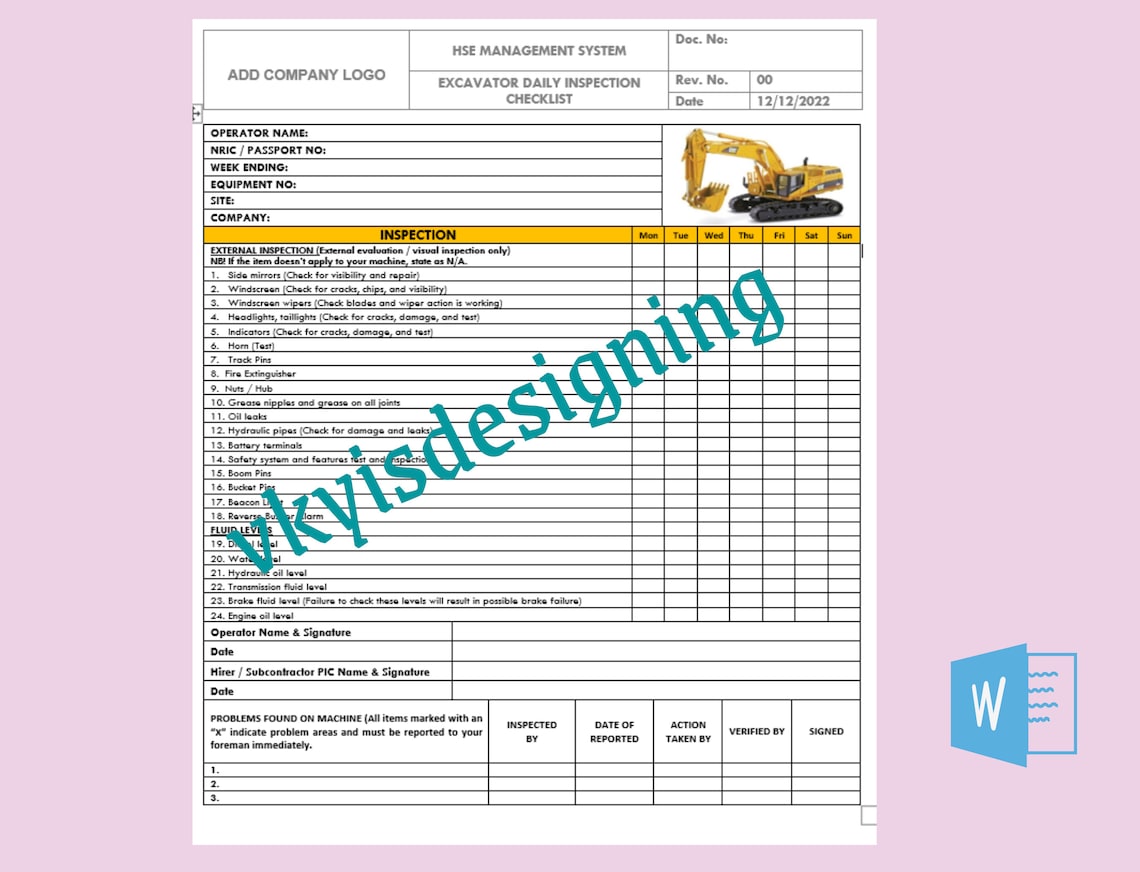 Excavator Inspection Checklist: Safety & Maintenance (WORD), Safety ...