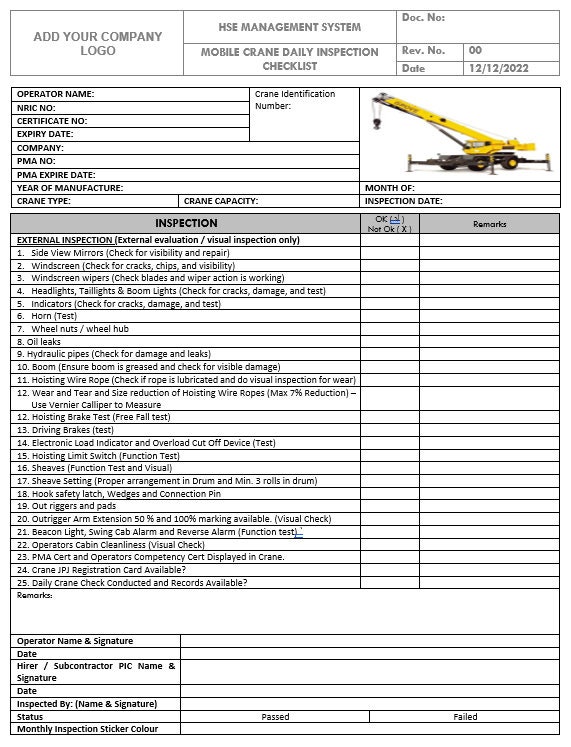 Mobile Crane Daily Inspection Checklist, Health Safety, Machine ...