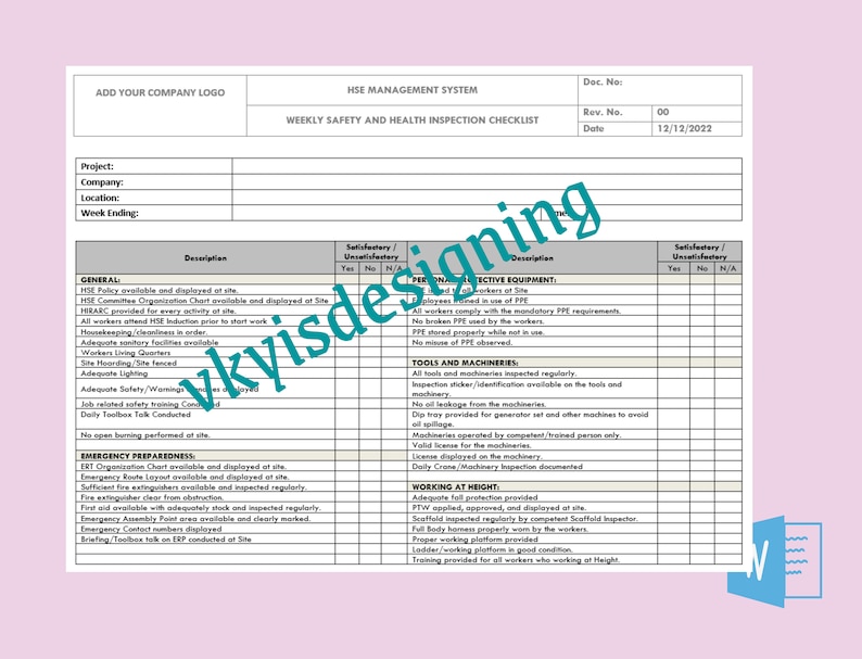 Weekly Safety Health Inspection Checklist: Construction Site Report ...