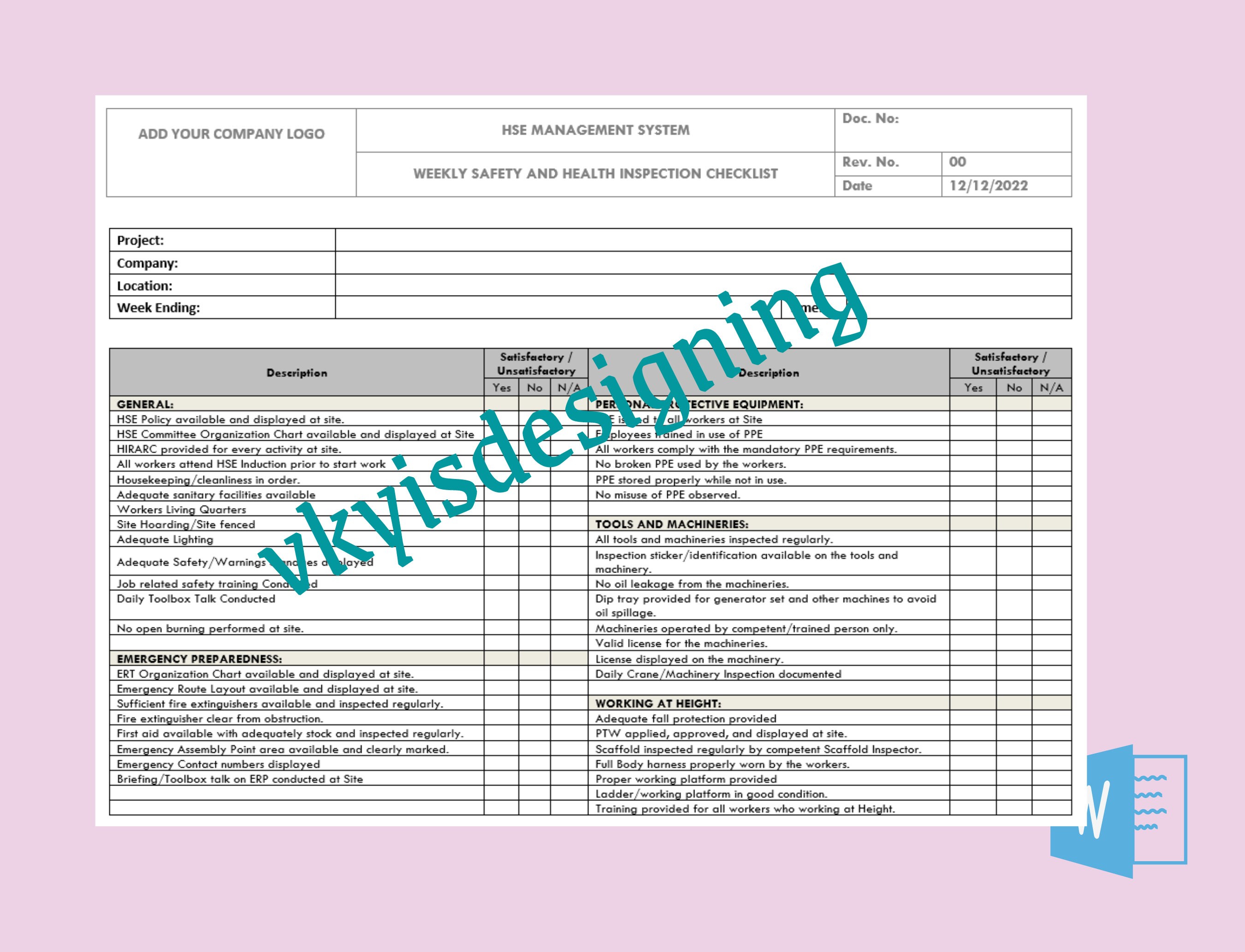 Weekly Safety Health Inspection Checklist, Safety Site Inspection ...