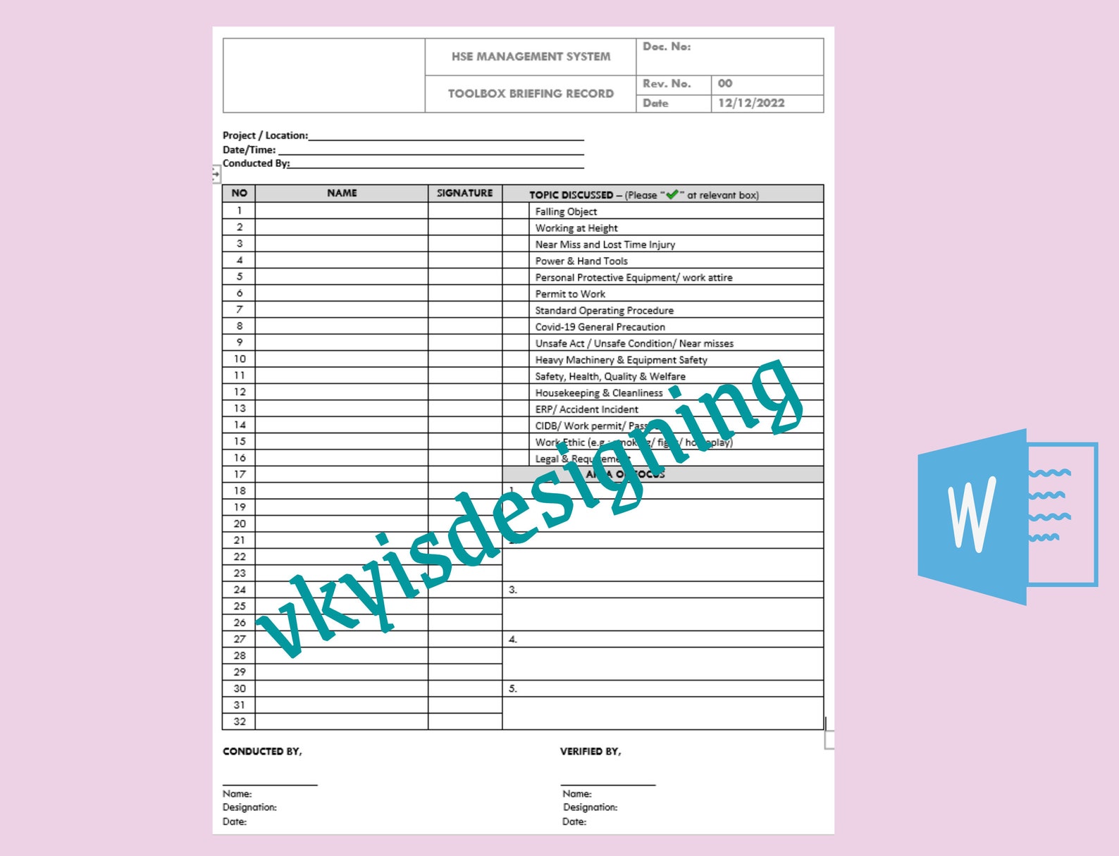 Toolbox Talk Briefing Record: Health & Safety Template (MS Word) - Etsy