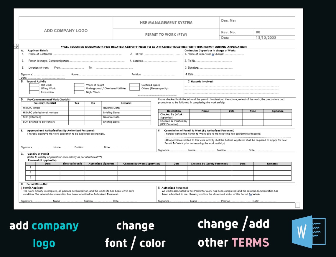 Permit to Work Template: Health & Safety, PTW (MS Word) - Etsy