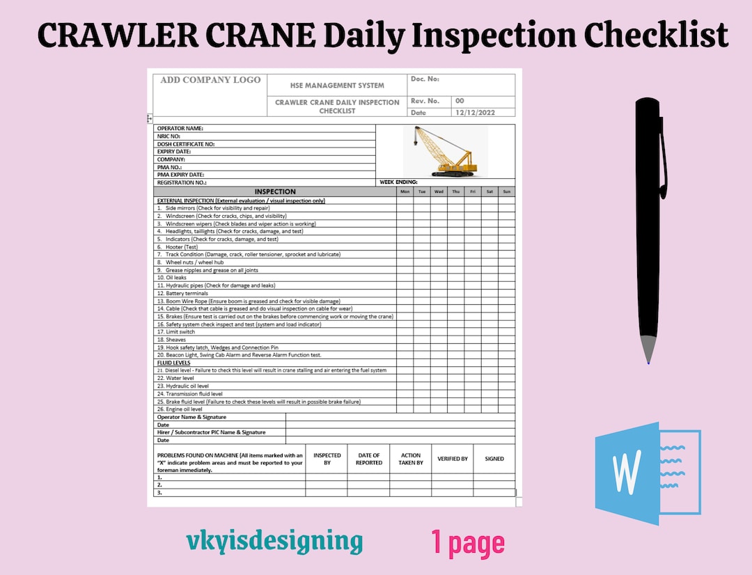 Crawler Crane Inspection Construction Checklist Crane Inspection Safety ...