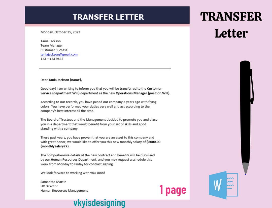 Job Transfer Letter Template: Professional HR Document (MS Word) - Etsy