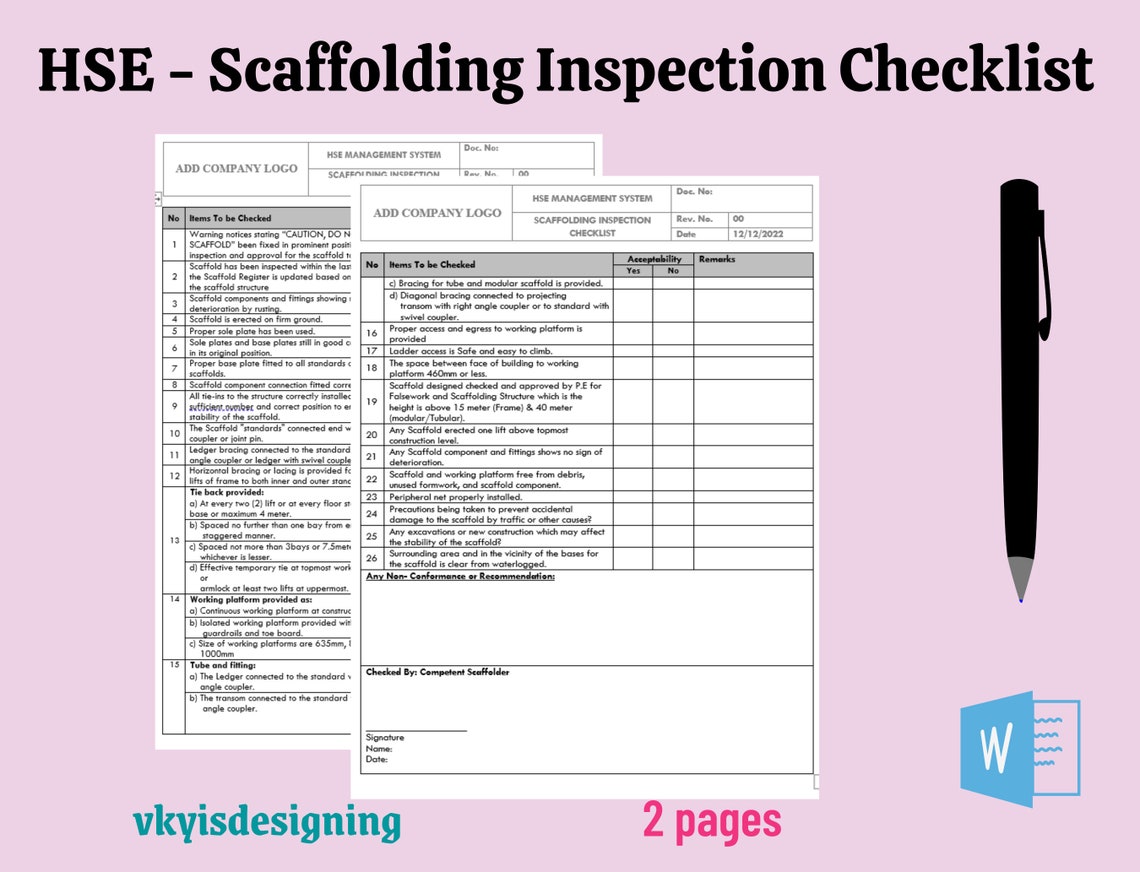 Scaffolding Inspection Checklist, Inspection Sheet, Tower Scaffold ...