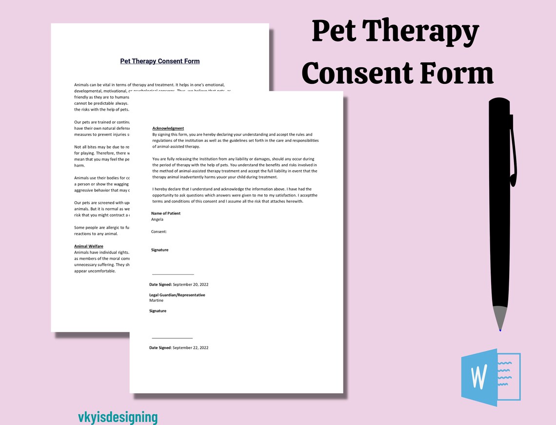 Pet Therapy Consent Form Template (editable Word) - Etsy