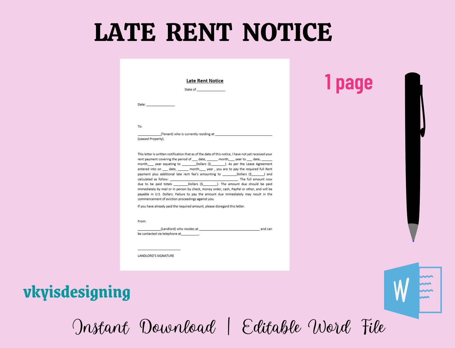 Late Rent Notice, Late Rent Payment, Overdue Rent, Delay Rent Notice ...