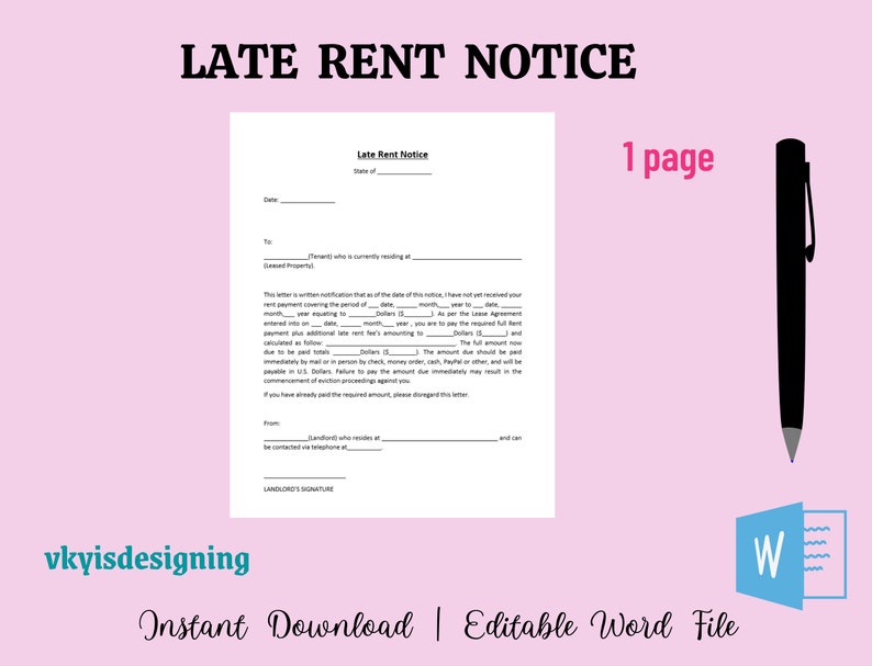 Late Rent Notice, Late Rent Payment, Overdue Rent, Delay Rent Notice ...