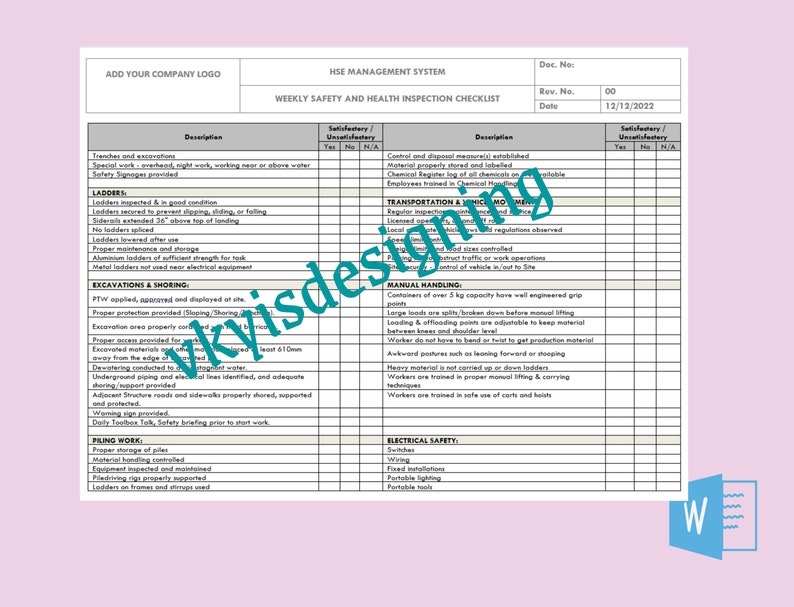 Weekly Safety Health Inspection Checklist: Construction Site Report ...