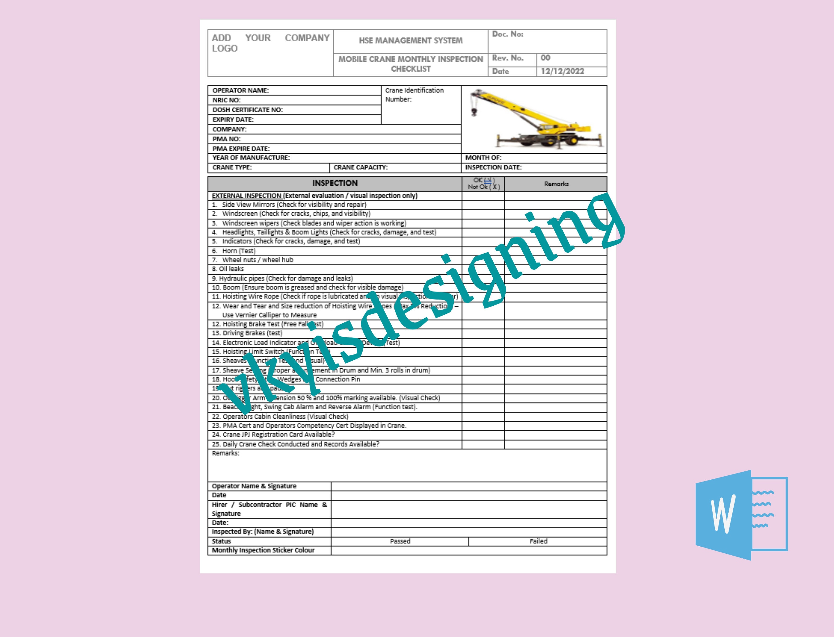 Mobile Crane Monthly Inspection Checklist, Health Safety, Machine ...