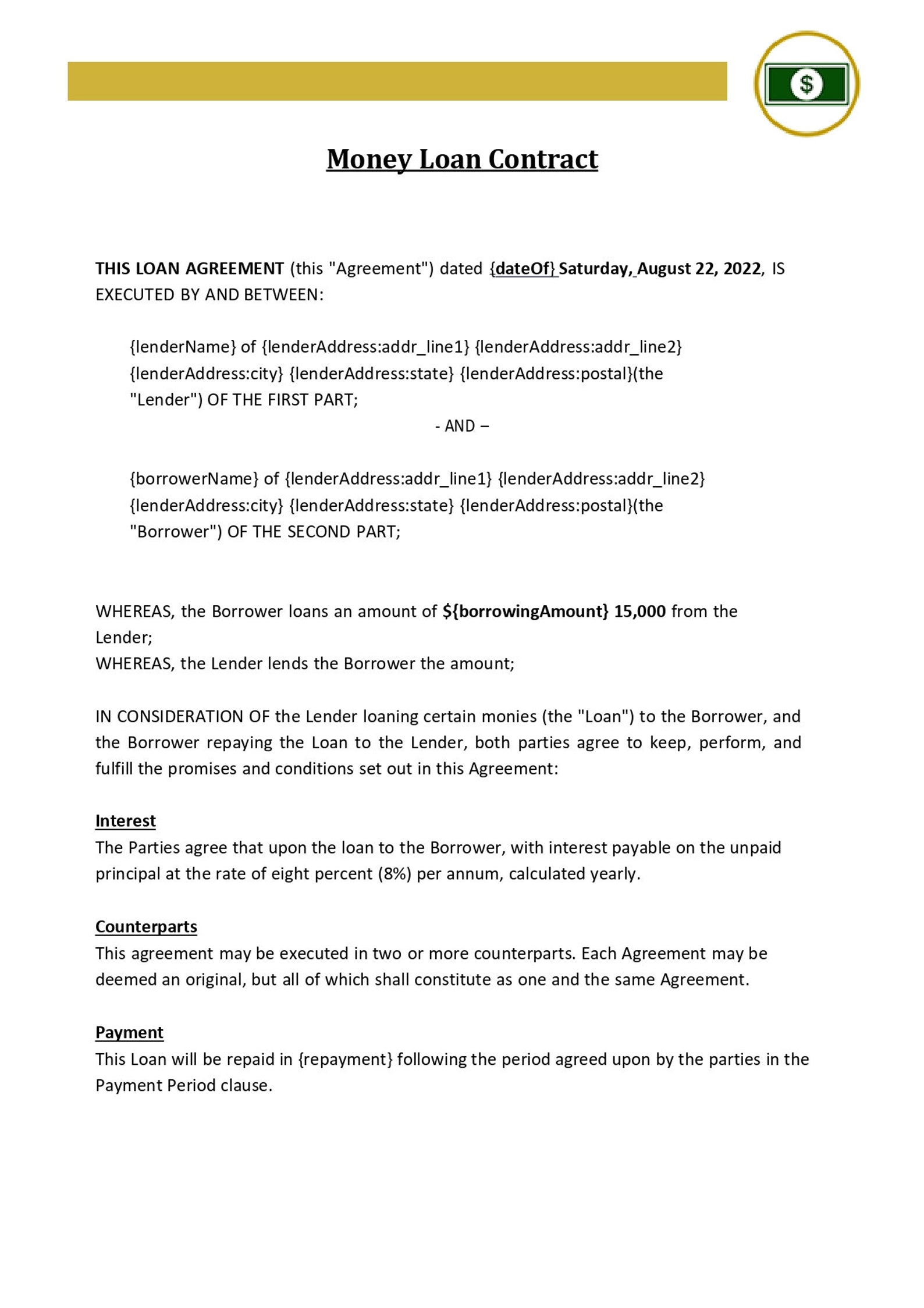 Money Loan Contract - Loan Contract * Money Debt Agreement * Borrower ...