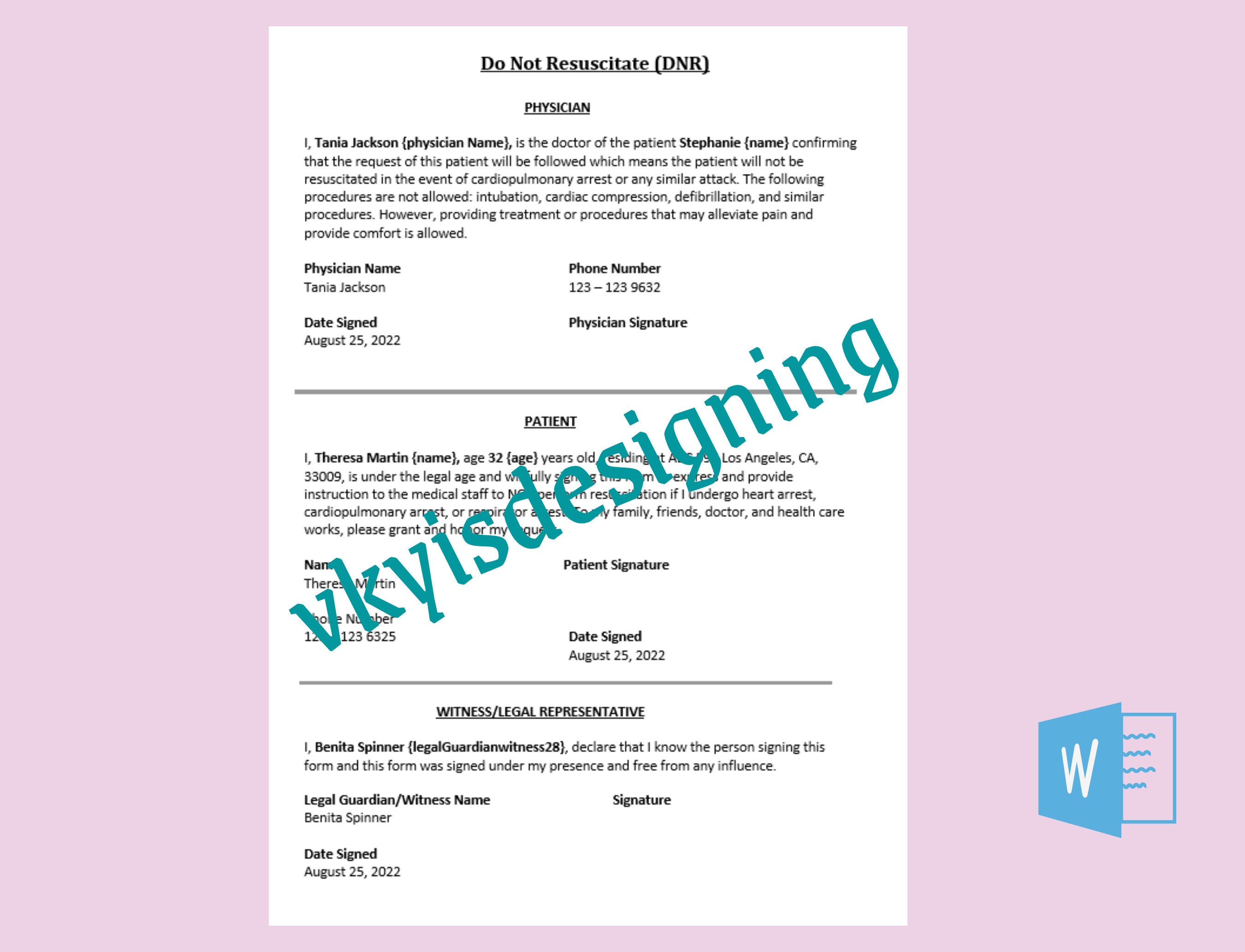 Do Not Resuscitate (DNR) Form: Medical Directive (editable WORD ...