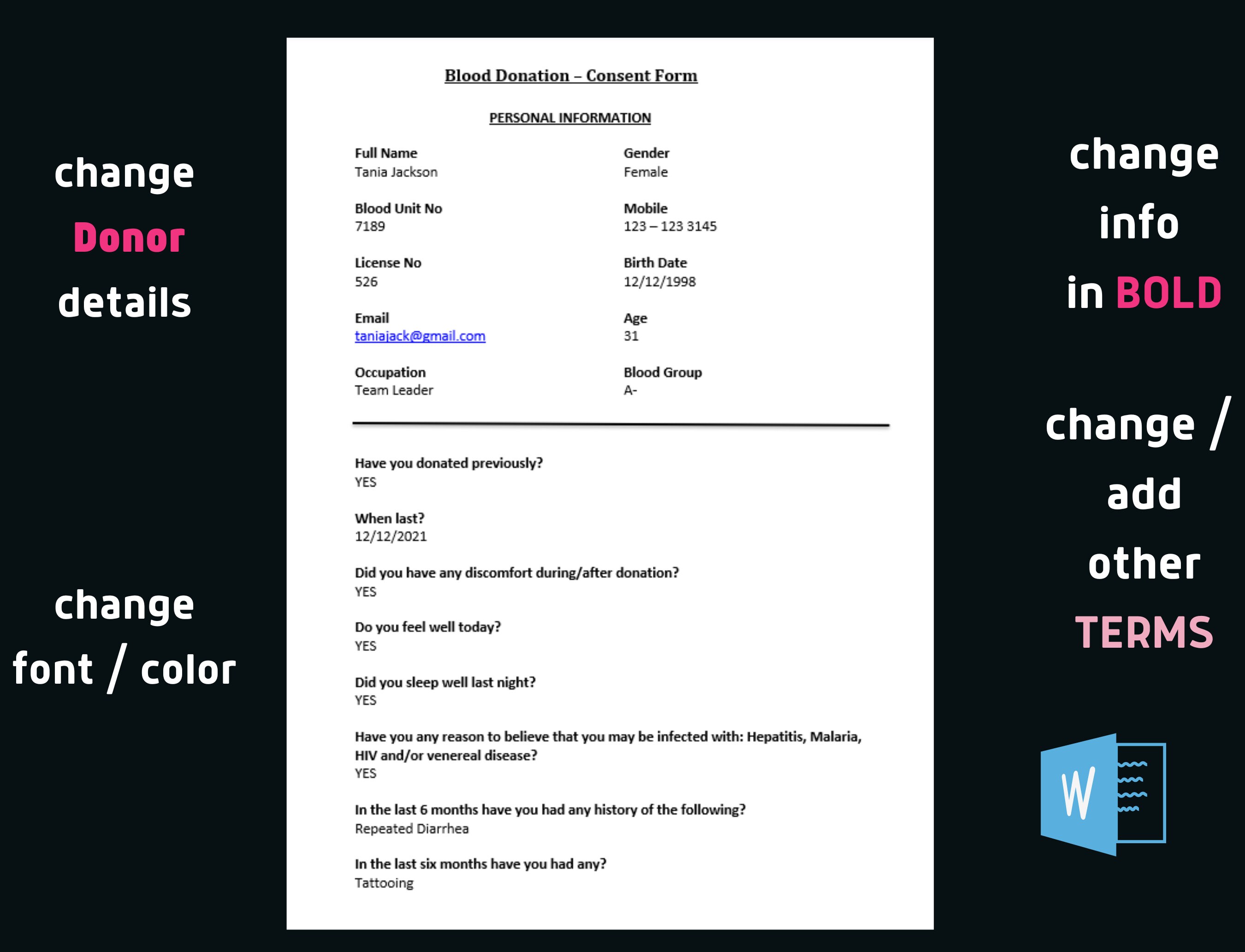 Blood Donation Consent Form * Blood Donor - Medical Consent - Donors ...