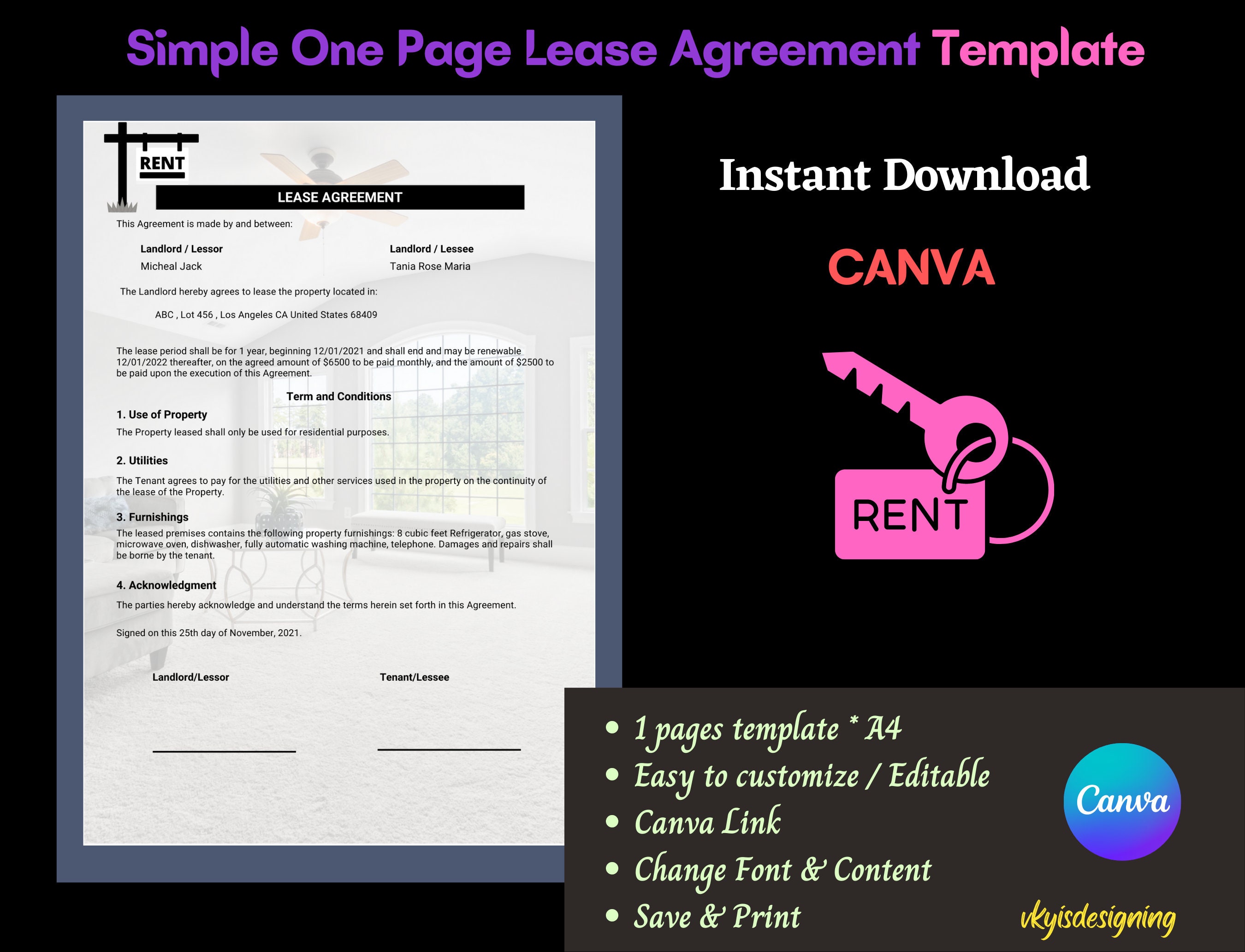 Simple One Page Lease Agreement * Rent Invoice, Lease Agreement ...