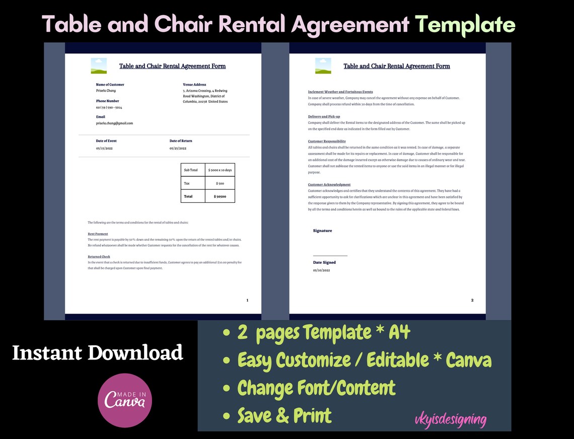 Editable Equipment Rental Agreement Wedding or Party | Etsy