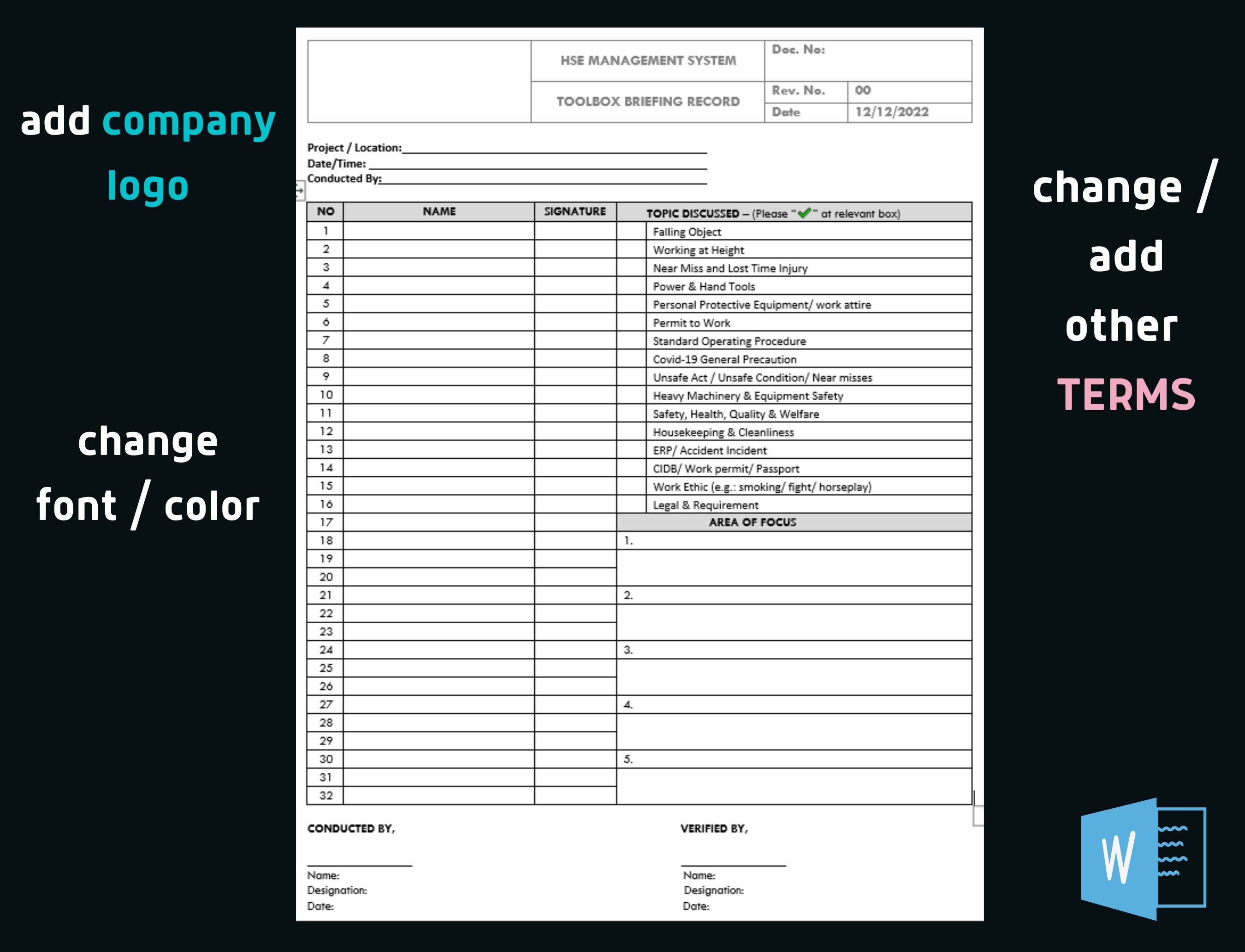 Toolbox Talk Briefing Record: Health & Safety Template (MS Word) - Etsy