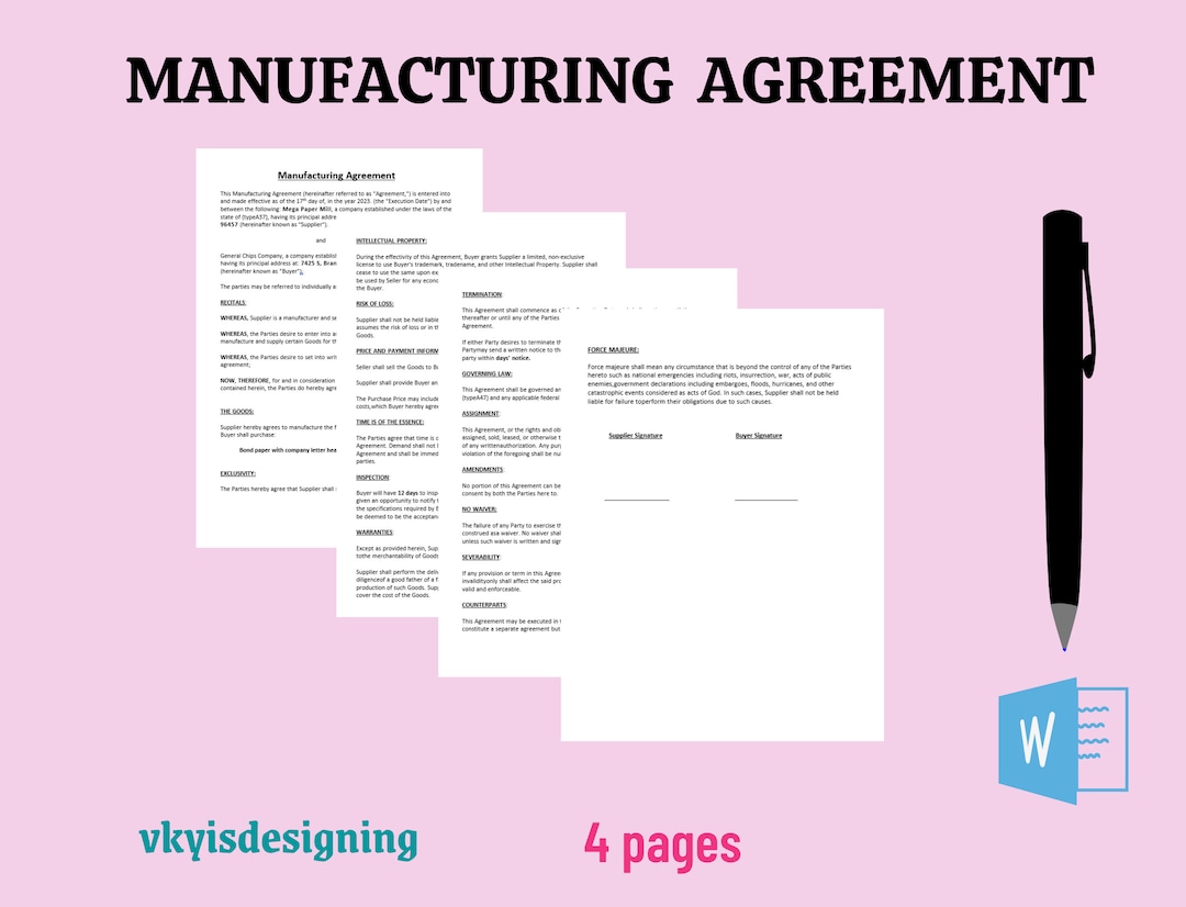 Manufacturing Agreement Template: Editable Business Contract (word) - Etsy