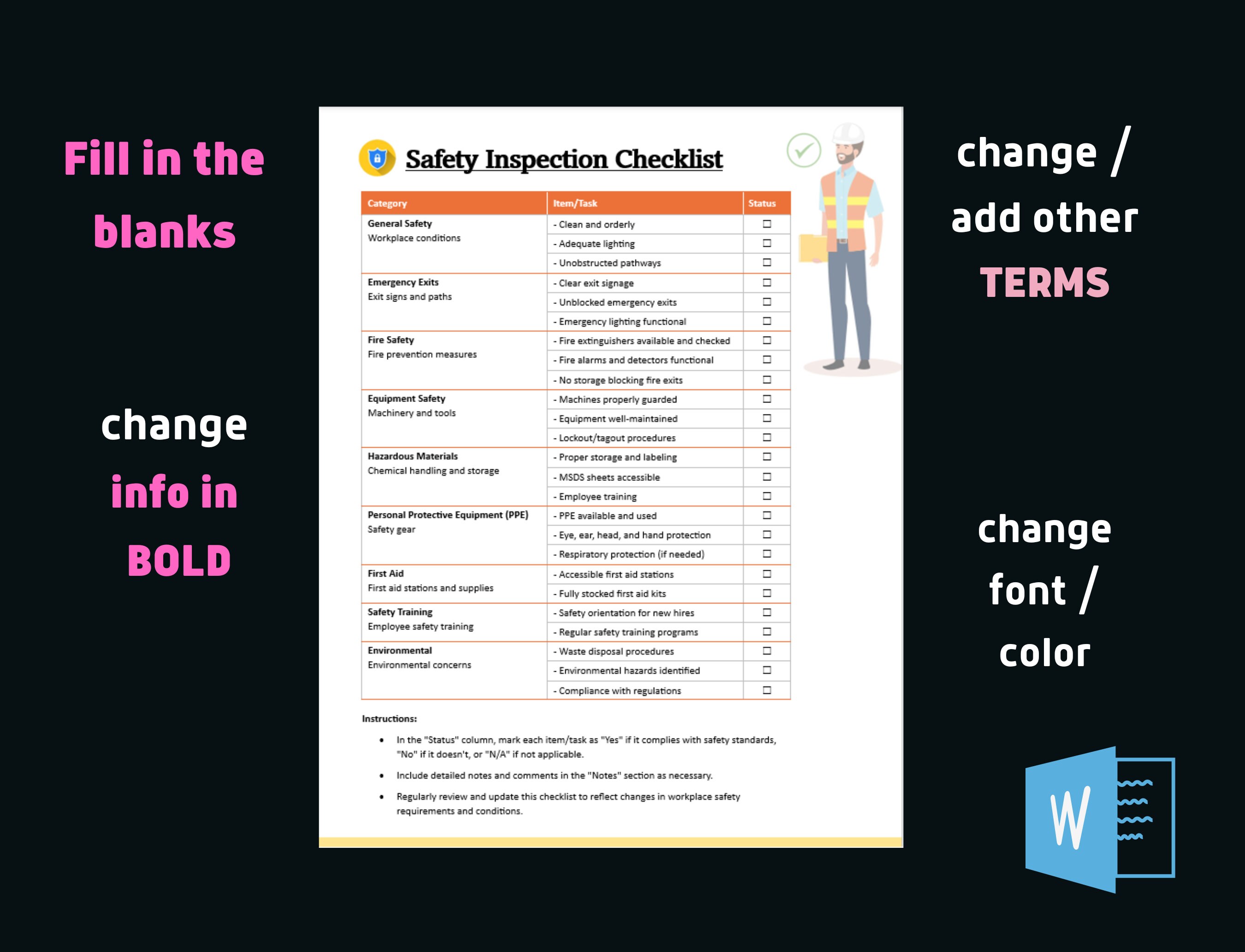 Safety Inspection, Construction Form, Safety Health, HSE Checklist ...