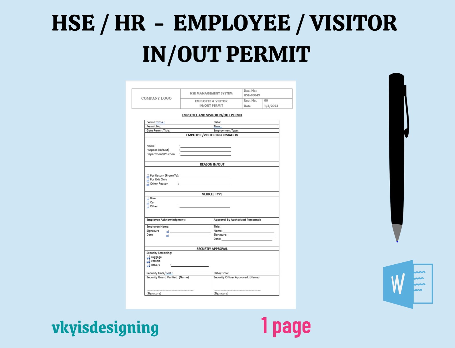 Employee/visitor In/out Permit Template (word File) - Etsy